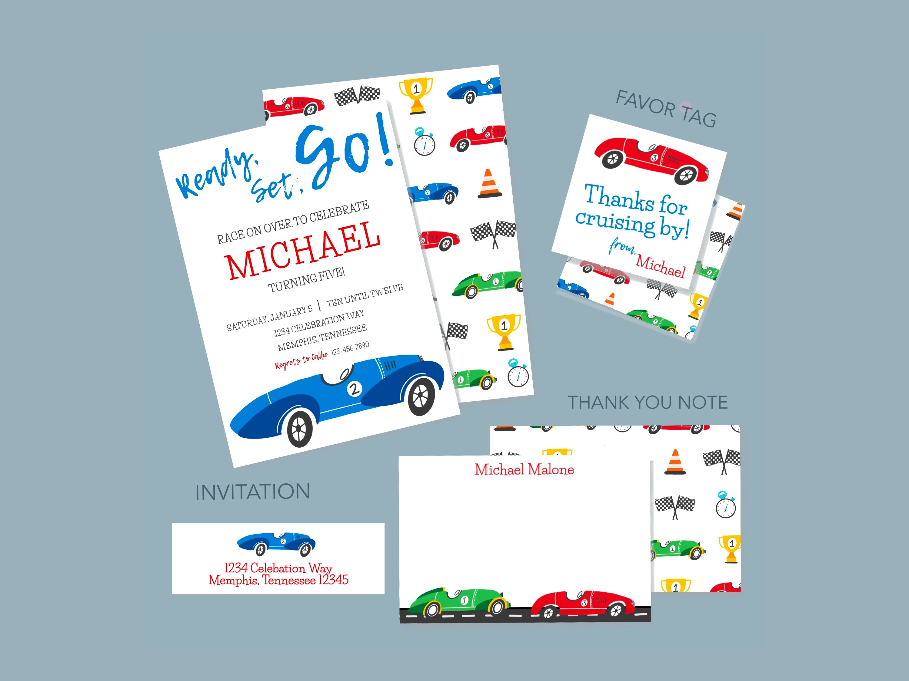 Blue Race Car Invitation Set – Callie Wesson Art and Design